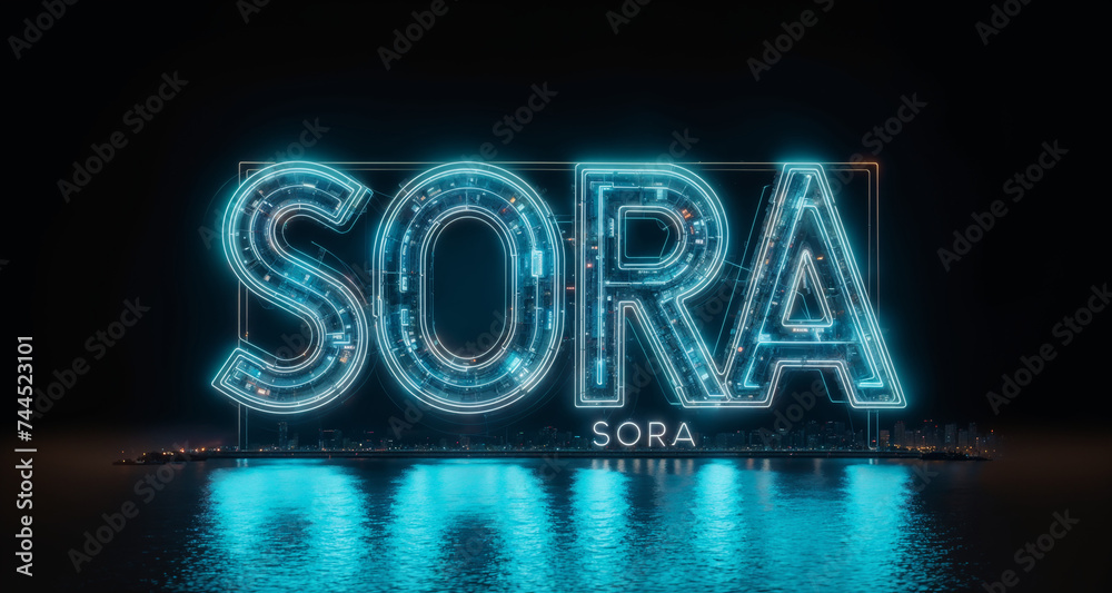 illuminated text "SORA" in blue and white neon lights against a dark ...