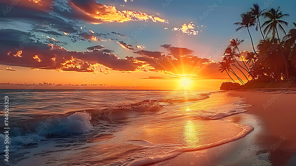 Beautiful beach sunset. The beach curves gently to the right, bordered ...