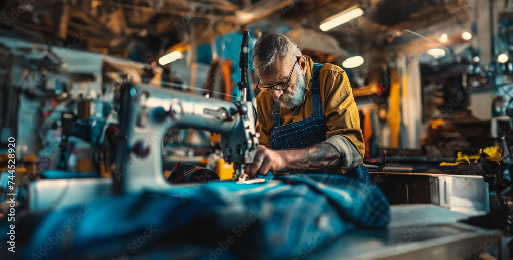 a craftsmanship of a tailor working at a sewing machine in a clothing ...