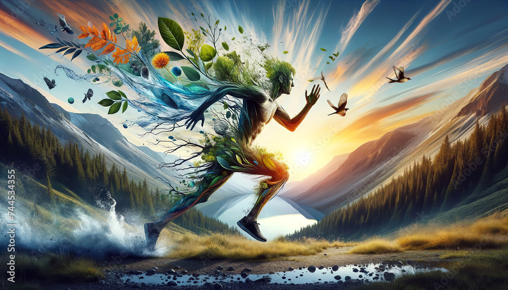 The ethereal figure, embodying nature, walks in a vibrant landscape ...