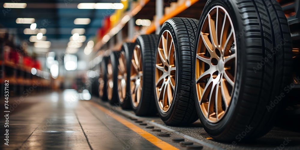 Freshly Arranged New Car Tires in an Industrial Warehouse. Concept ...