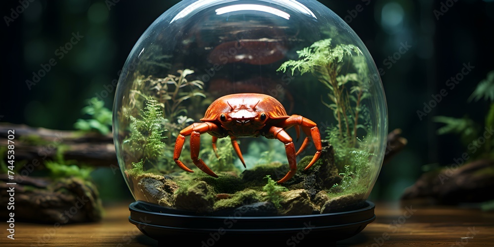 An aquarium with a miniature crustacean moving inside the clear ...