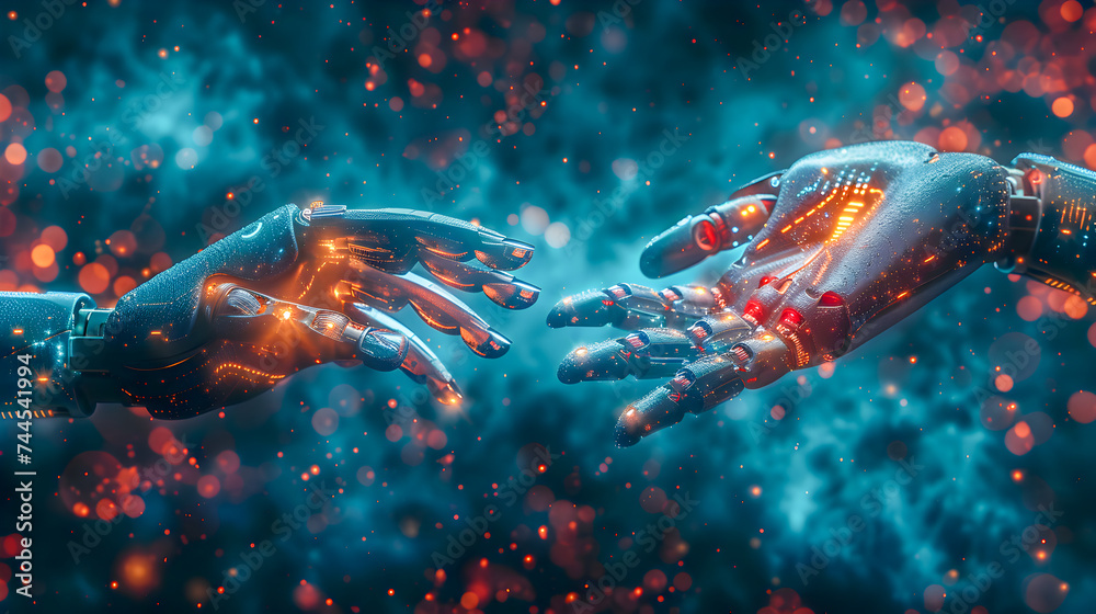 Robot hands with illuminated fingertips poised to touch, amidst a ...