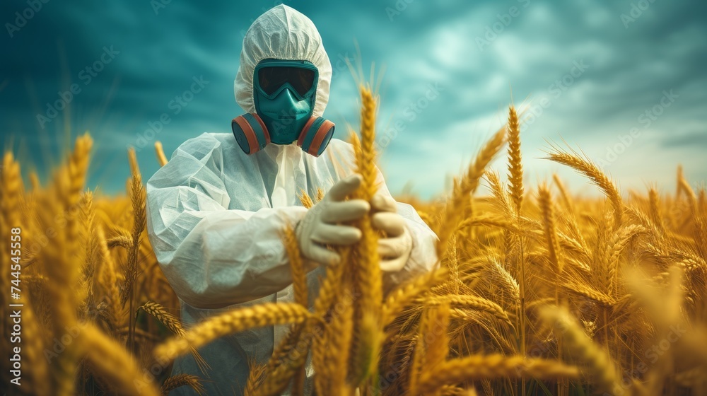 Person in a hazmat suit and gas mask standing in a wheat filed. Concept ...