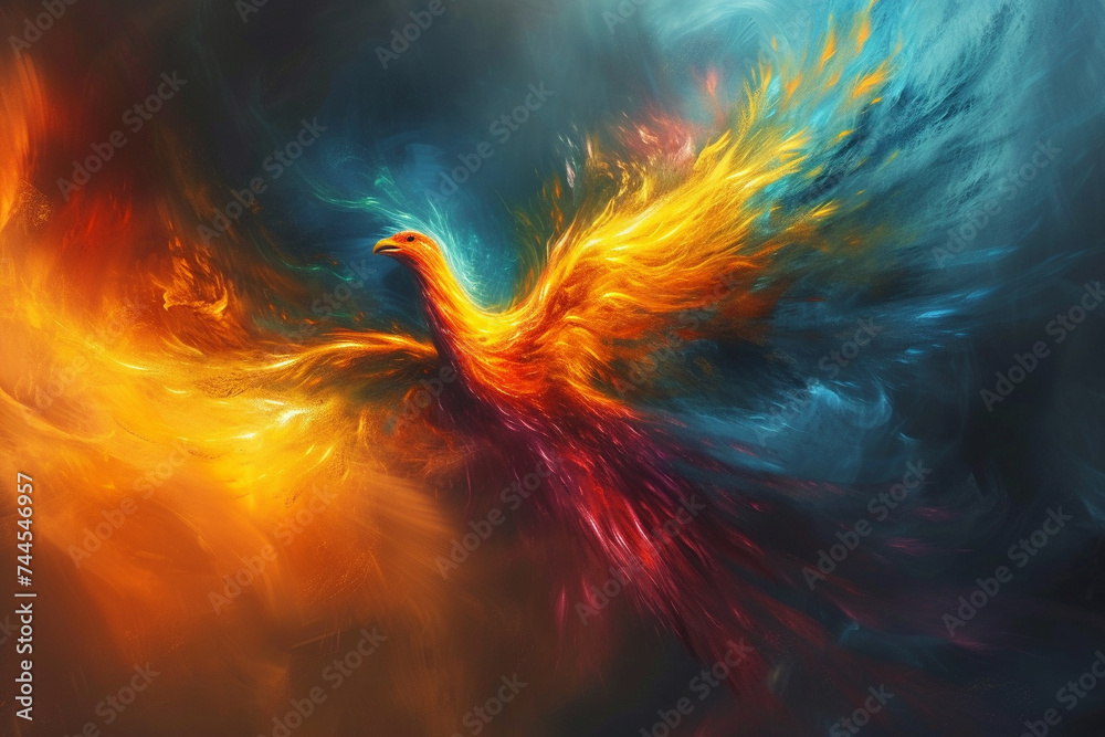 abstract art piece depicting a phoenix rising from the ashes vibrant ...