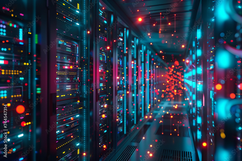 dynamic view inside a data center with rows of servers and glowing connections visualizing the ...