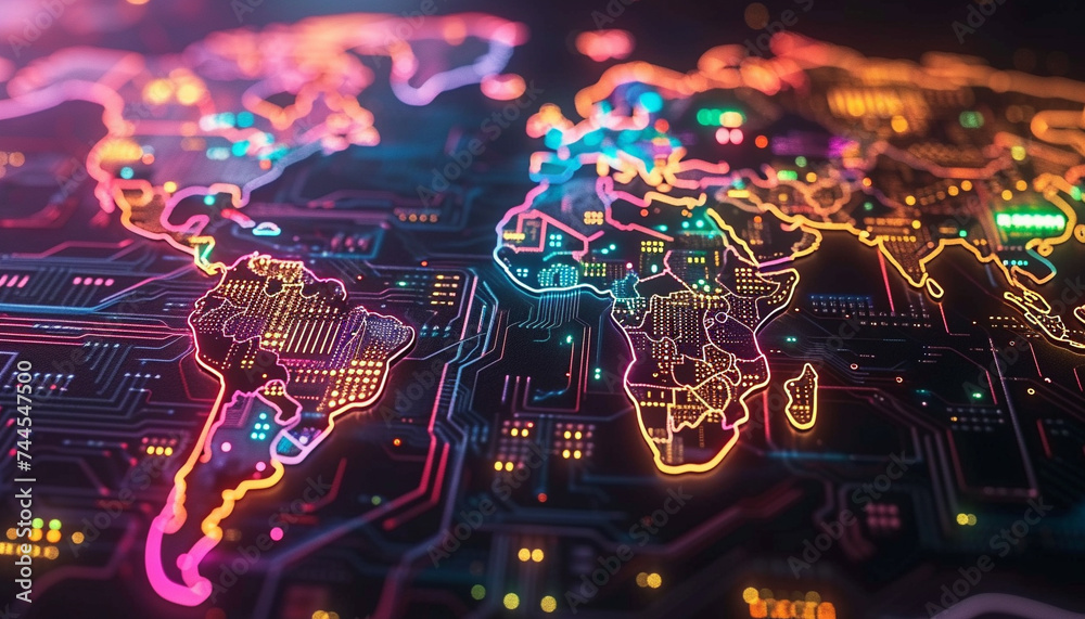 stylized illustration of the world map made up of digital circuits and ...