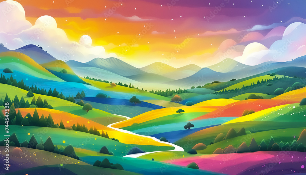 Whimsical illustration of a fantasy landscape where each hill and ...