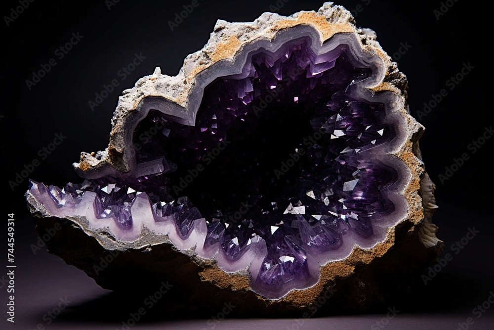Amethyst geode half opened, revealing deep purple crystals Stock Photo ...