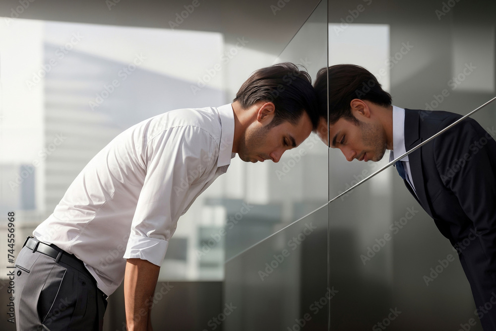 Almost desperate businessman rests his forehead against wall ...