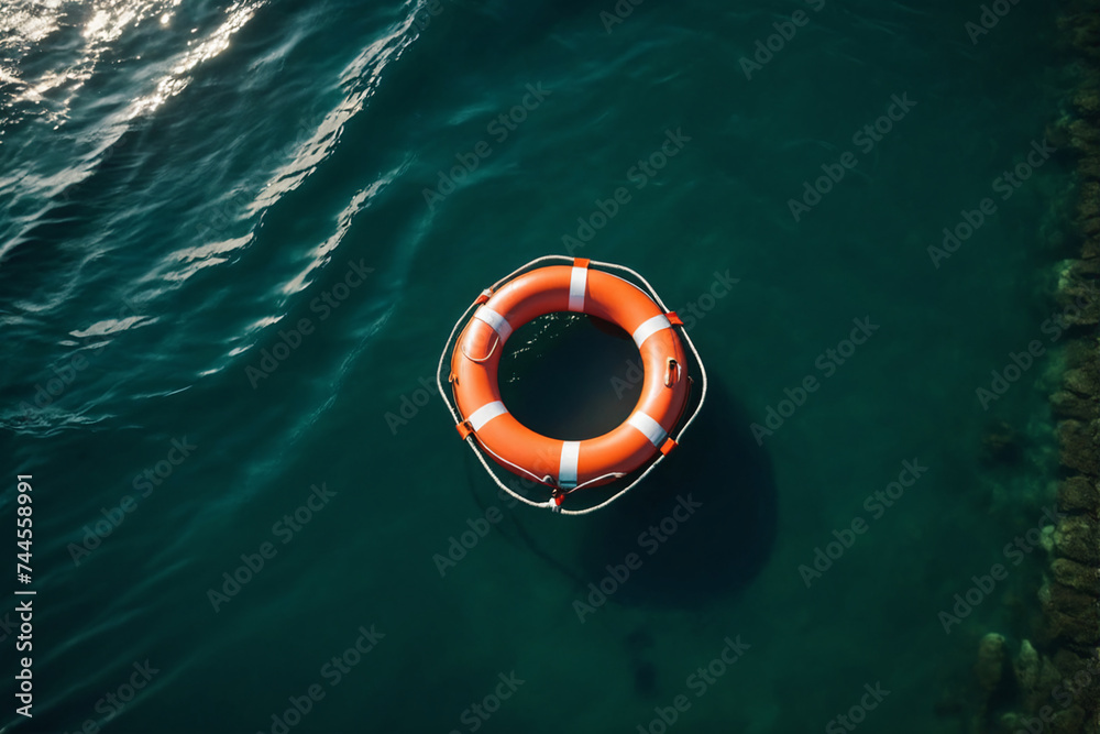 Lifebuoy floating in the sea, top view, lifeline concept, insurance and ...