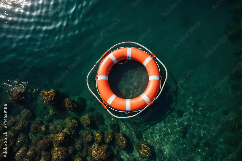 Lifebuoy floating in the sea, top view, lifeline concept, insurance and ...
