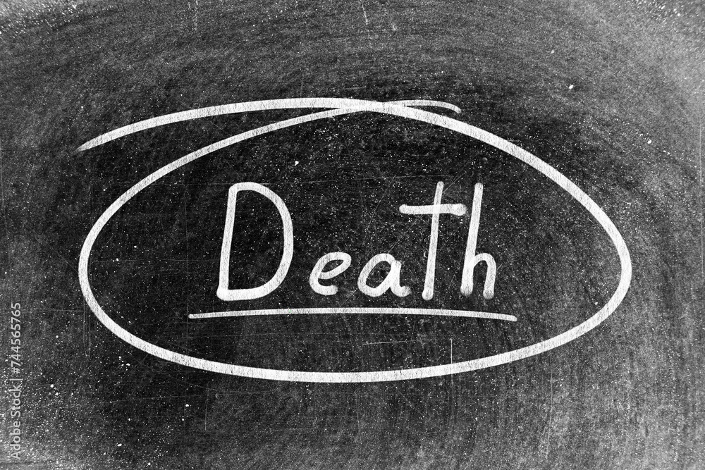 White chalk hand writing in word death and circle shape on blackboard ...
