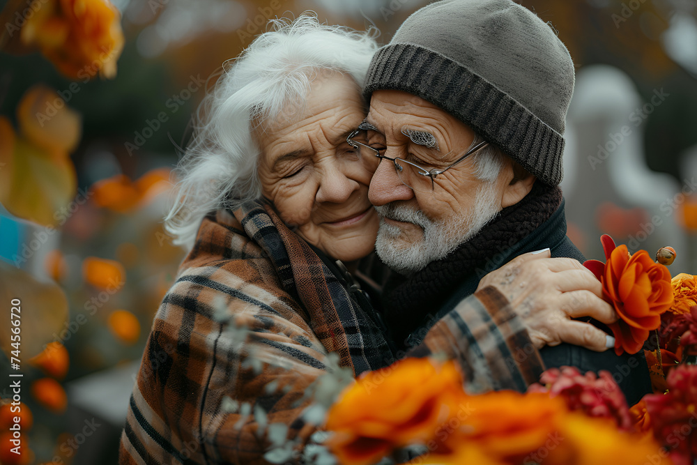 Funeral, graveyard and senior couple hug for comfort, empathy and support at memorial service ...