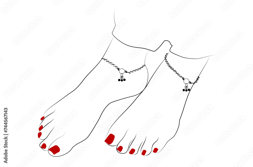 Indian Beautiful woman feet with anklets line drawing isolated on white ...