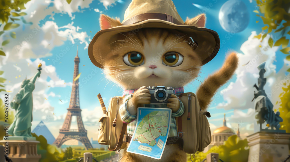 Adventurous Orange Tabby Cat as a World Traveler with Famous Landmarks ...