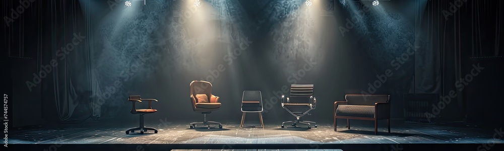 Dark Stage with Shining Spotlights and Different Chairs, Theater ...