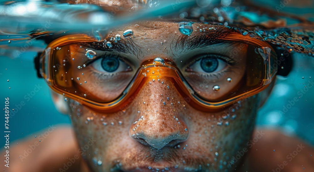 A submerged adventurer's face is revealed through the distortion of ...