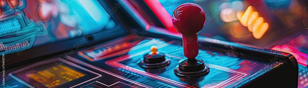 "Neon-lit arcade gaming console with retro joystick and screen. Classic ...