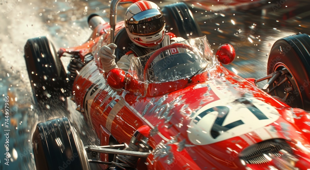Roaring down the race track, a daring man in a vibrant red race car ...