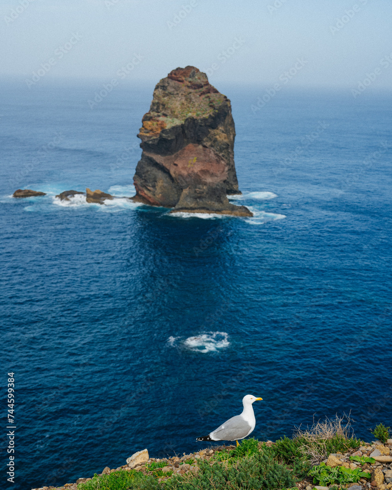 Red rock pillar protruding out of the Atlantic Ocean at the Ponta de ...