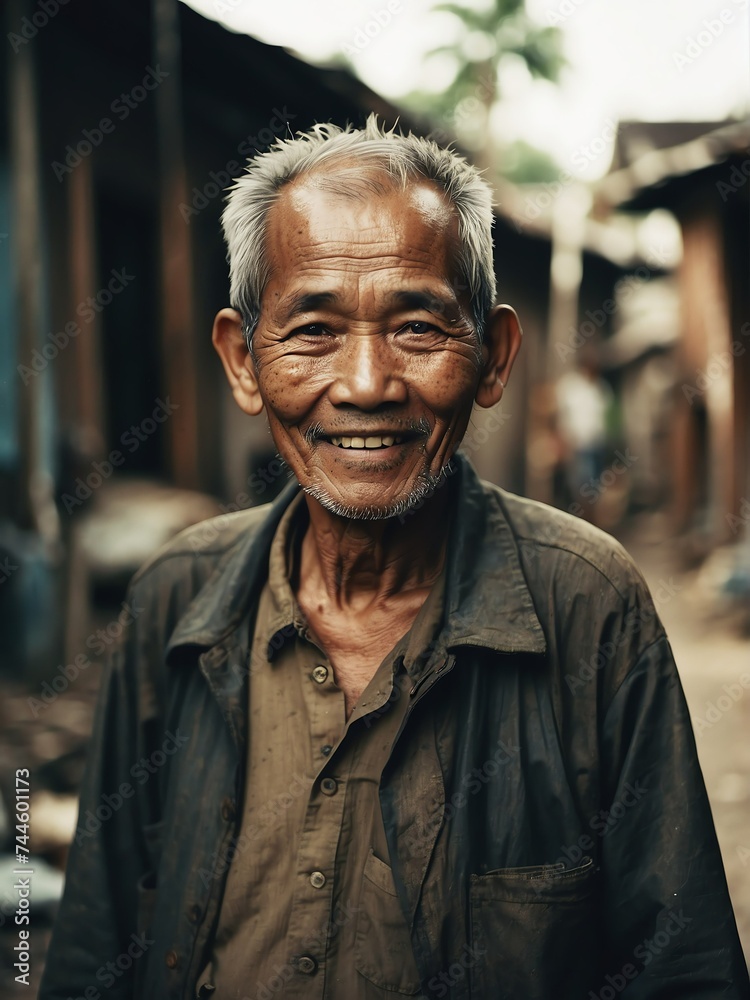 Portrait of smiling elderly filipino man on poor slums area background ...