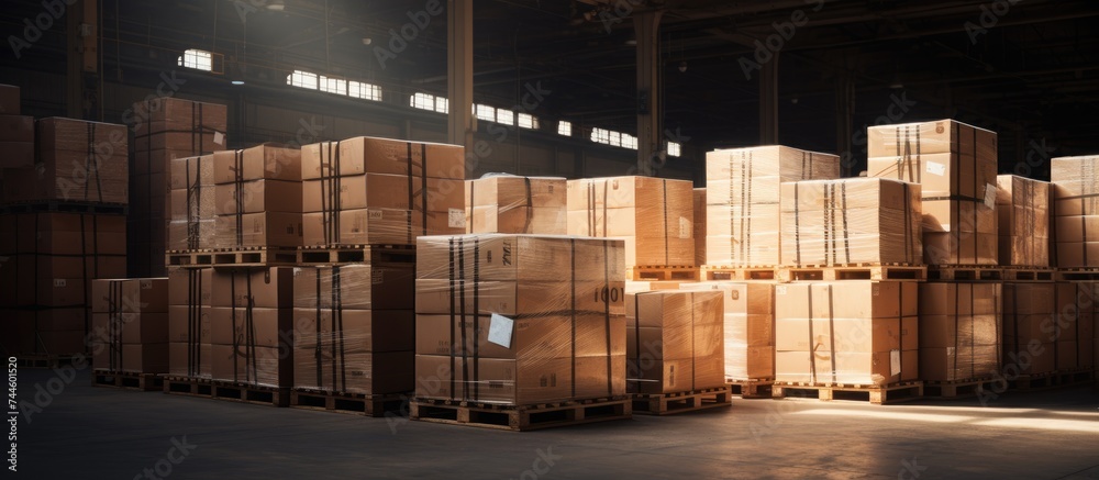 Stacking package boxes on pallets in an industrial storage warehouse ...