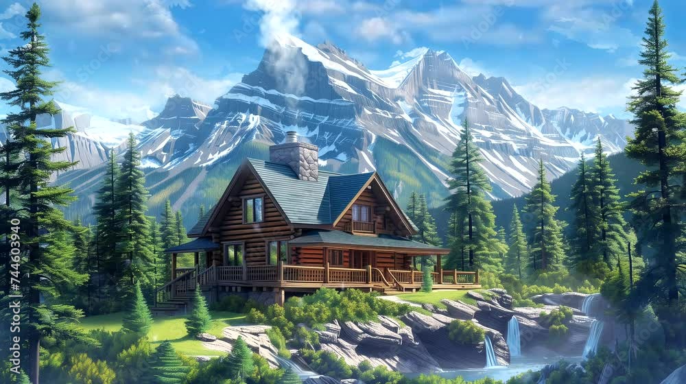 A cozy log cabin tucked away in the Canadian Rockies, surrounded by ...