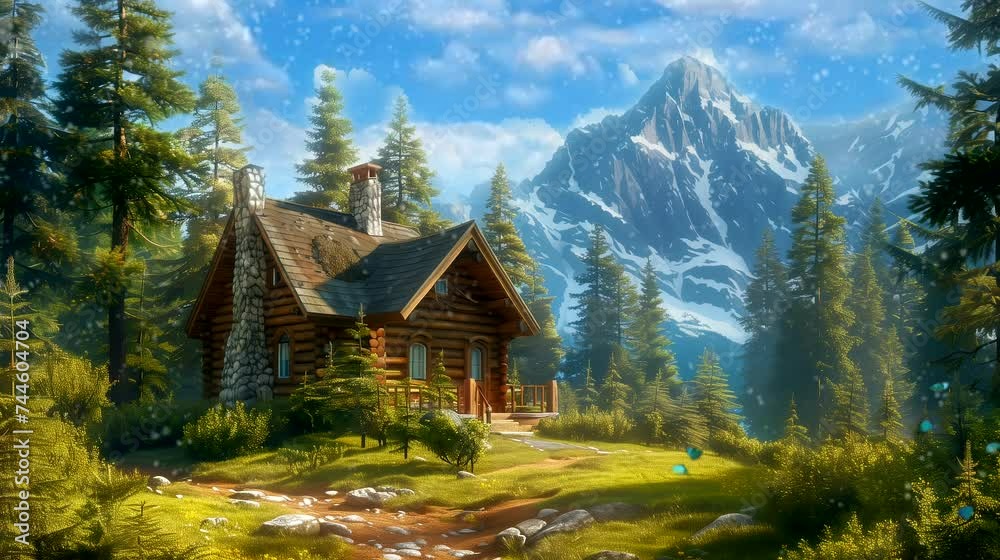 A cozy log cabin tucked away in the Canadian Rockies, surrounded by ...