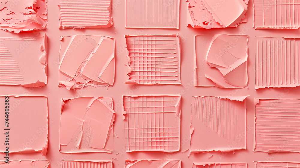 various swatches of pink paint, each with different textures and ...