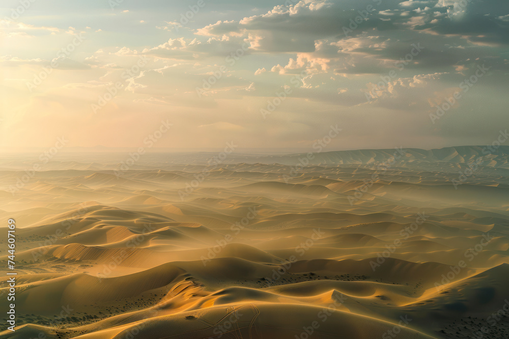 Vast desert panorama with endless dunes, shimmering heat haze. Stock ...
