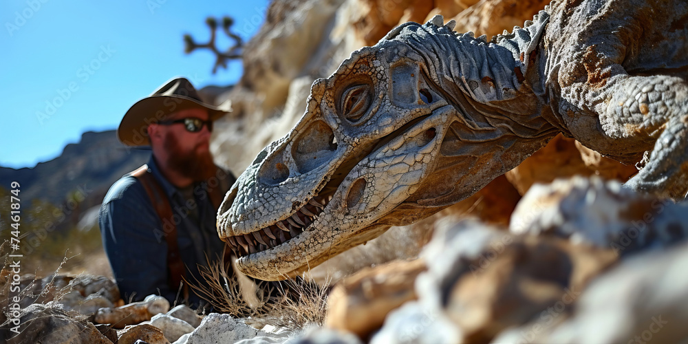 Paleontologist Studying a Dinosaur in the Desert. Researcher notes ...