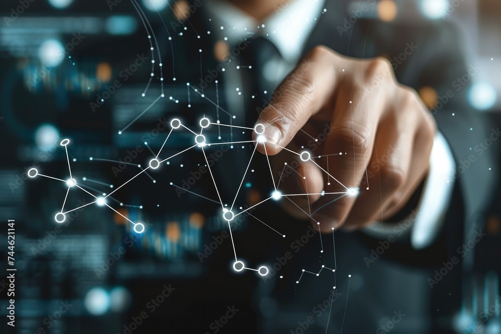 Inspiration, intelligence, Businessman pointing line dot graph ...