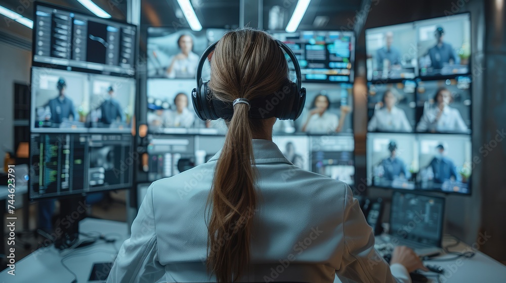 Workplace monitoring of employees, with workers on screens being ...