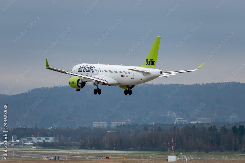 YL-AAR Air Baltic Airbus A220-300 jet in Zurich in Switzerland 15.1. ...