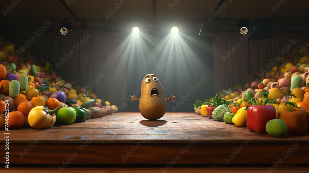A 3D potato expresses stage fright on a spotlighted stage, surrounded ...