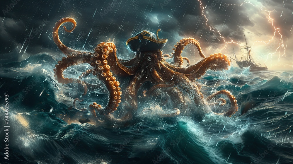 Dynamic digital artwork portrays a mighty octopus as a pirate captain ...
