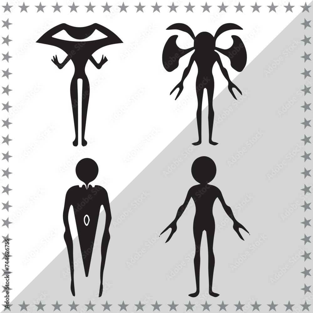 Alien Silhouette, cute Alien Vector Silhouette, Cute Alien cartoon ...