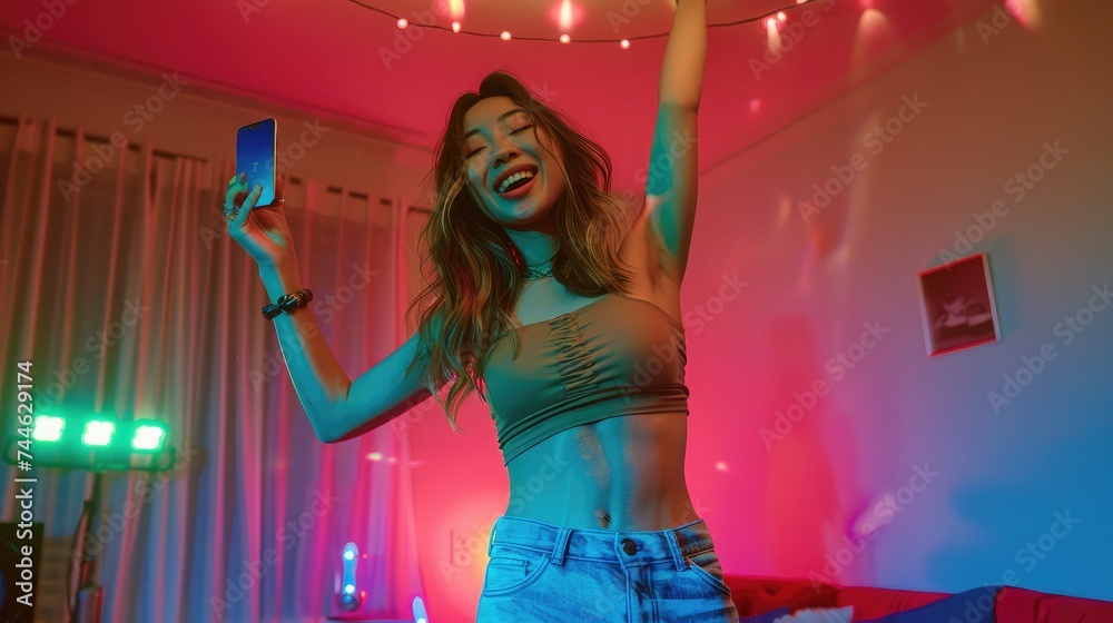 Young trendy influencer asian woman dancing on mobile phone at home in ...