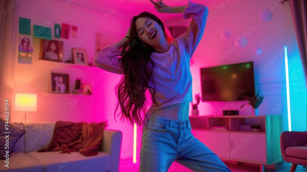 Young trendy influencer asian woman dancing on mobile phone at home in ...
