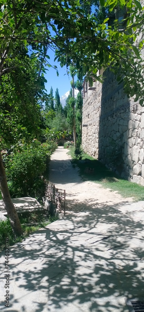 Shigar fort: Alleyway Flanked by Stone Walls and Towering Trees Under ...