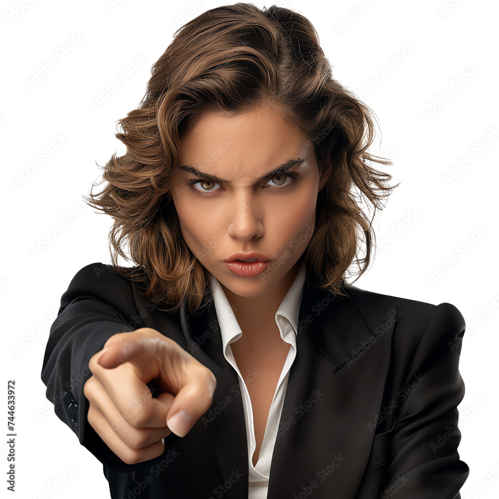Portrait, angry and pointing a finger with a woman lawyer isolated on a ...