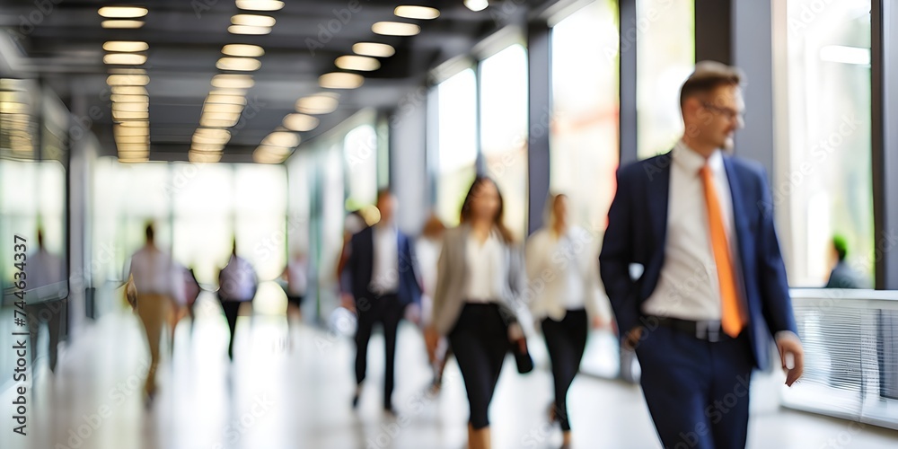 business people walking in bright office lobby fast moving with blurry ...