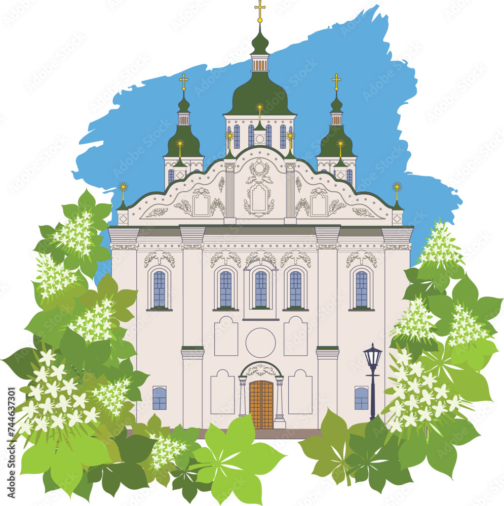 Vector drawing of the St. Cyril Church in Kyiv and blooming chestnut ...