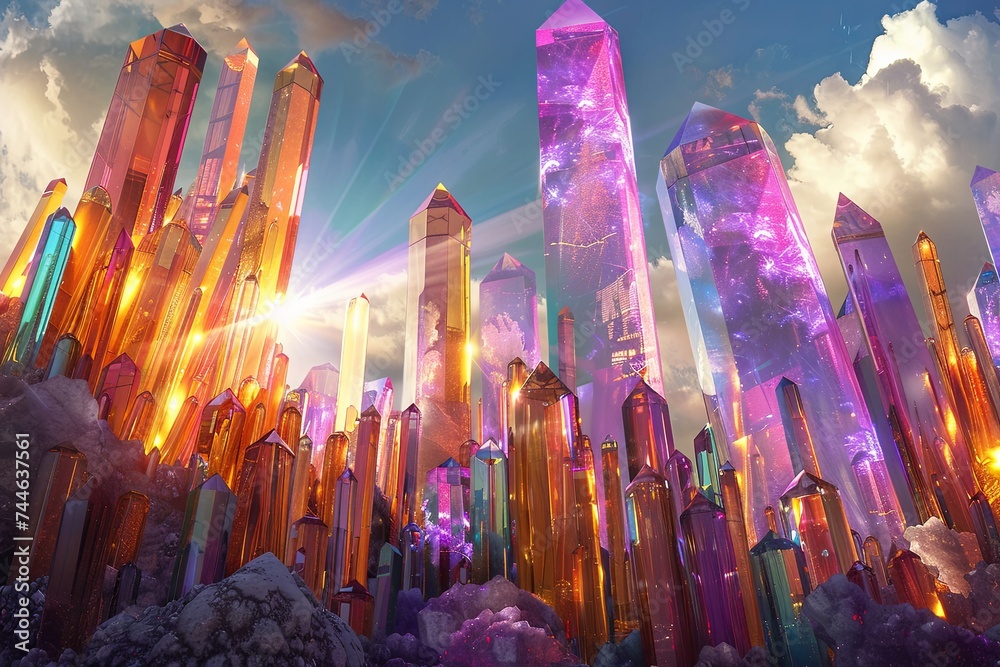 A marvelous cityscape illustrated with towering crystal structures that ...