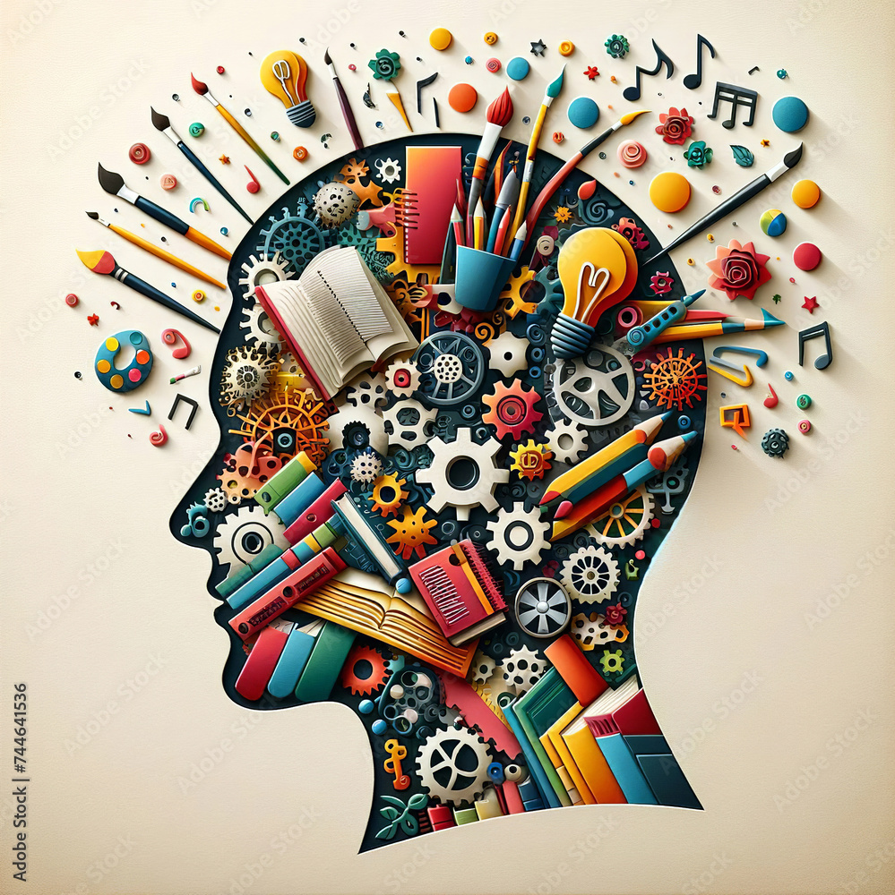 An artistic representation of a human head profile filled with colorful ...