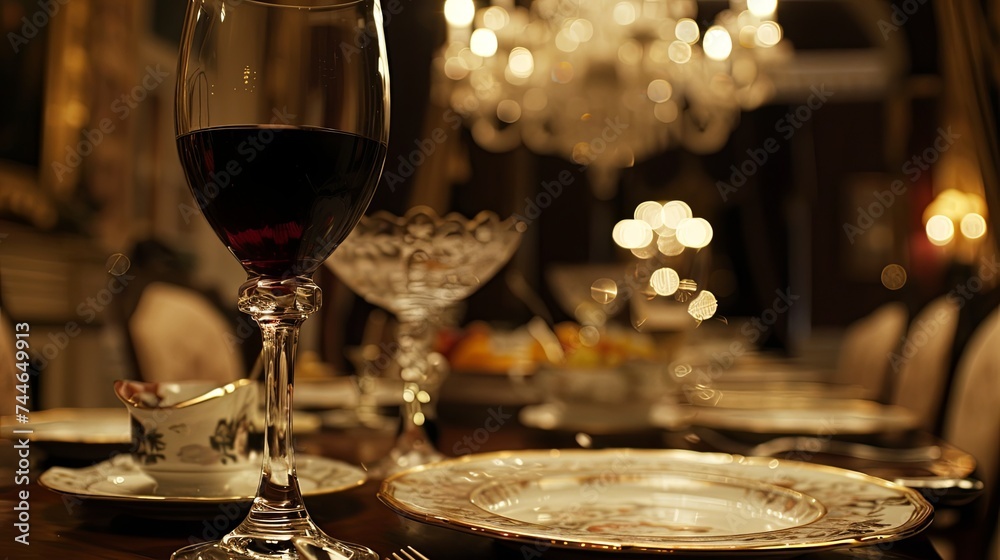 Elegant Dinner Setting with Red Wine Glass Close-up of a red wine glass ...