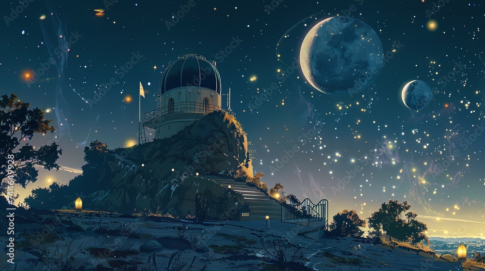 Animated image of an observatory on a hill experiencing a breathtaking ...