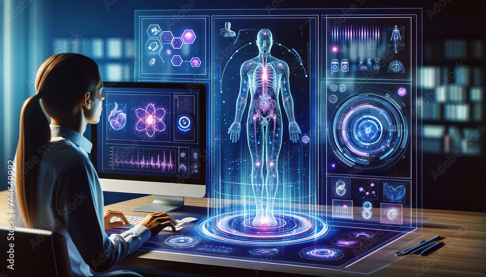 A professional woman analyzes a futuristic 3D human anatomy interface ...