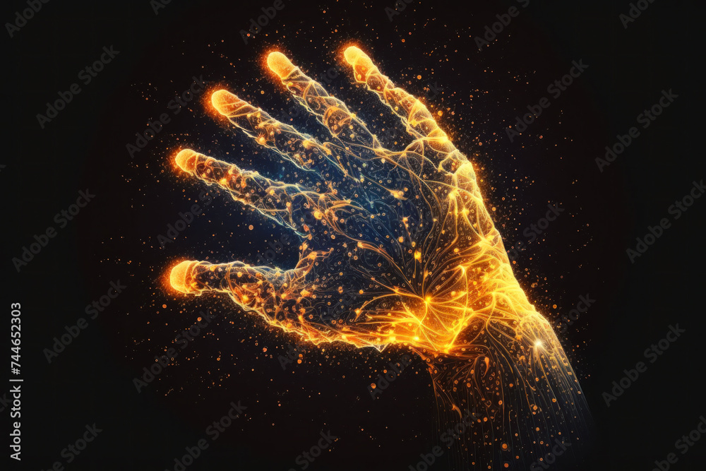 Electrifying visual of a hand made with energy circuits and sparks ...